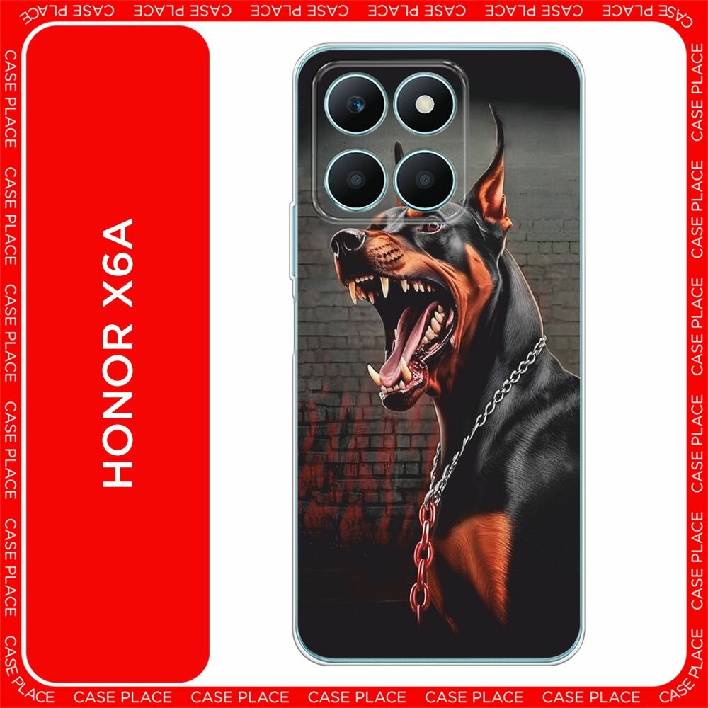 Силиконовый чехол на Honor X6A / Хонор X6A с принтом "Доберман с цепью"