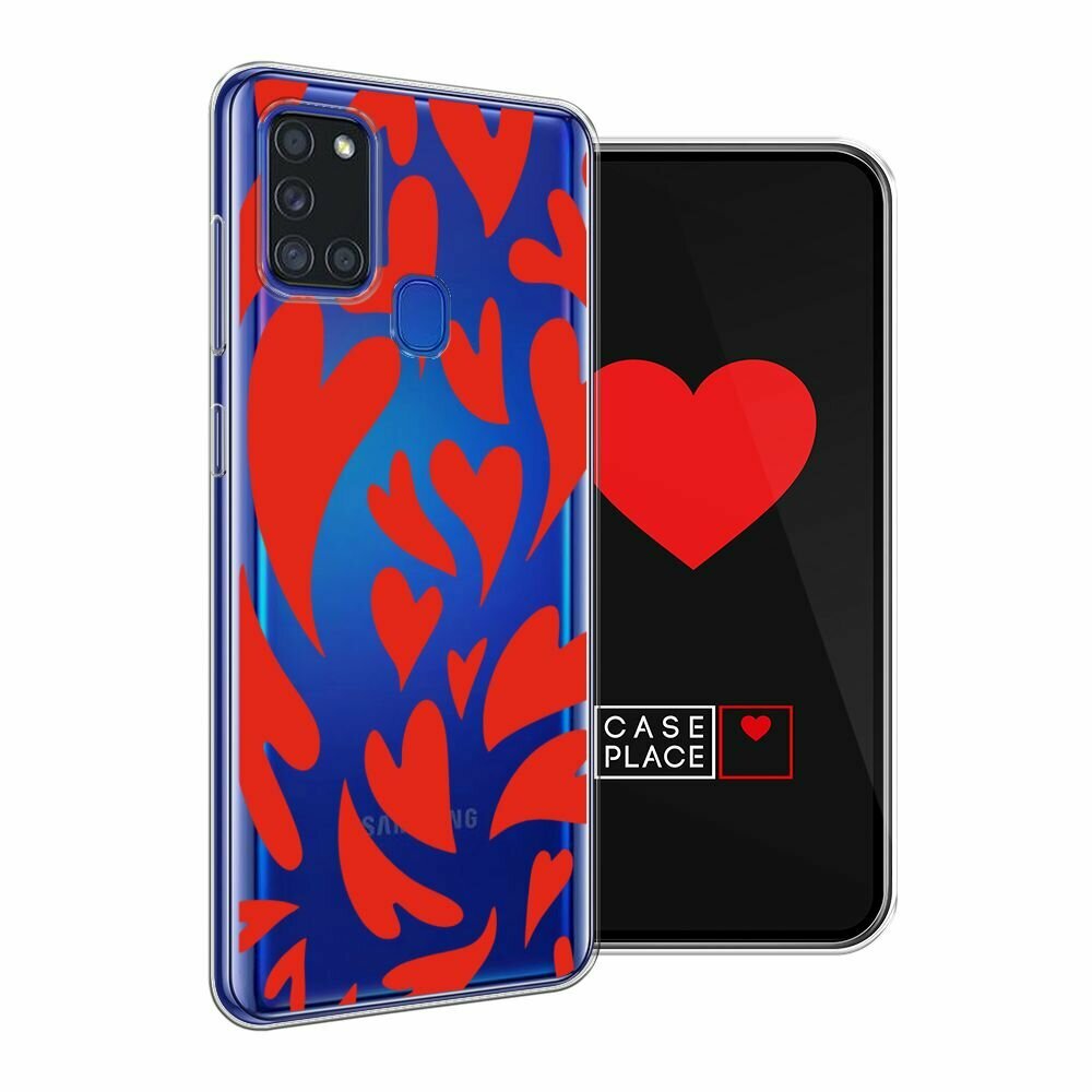 Чехол на Samsung Galaxy A21s / Самсунг Галакси A21s с принтом "Crazy hearts 2 - 14 февраля", прозрачный — фото 1