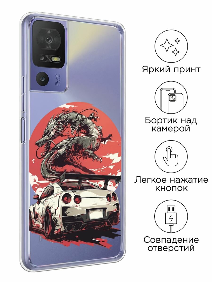Чехол на TCL 40 SE / ТСЛ 40 SE с принтом "Car and dragon", прозрачный — фото 1