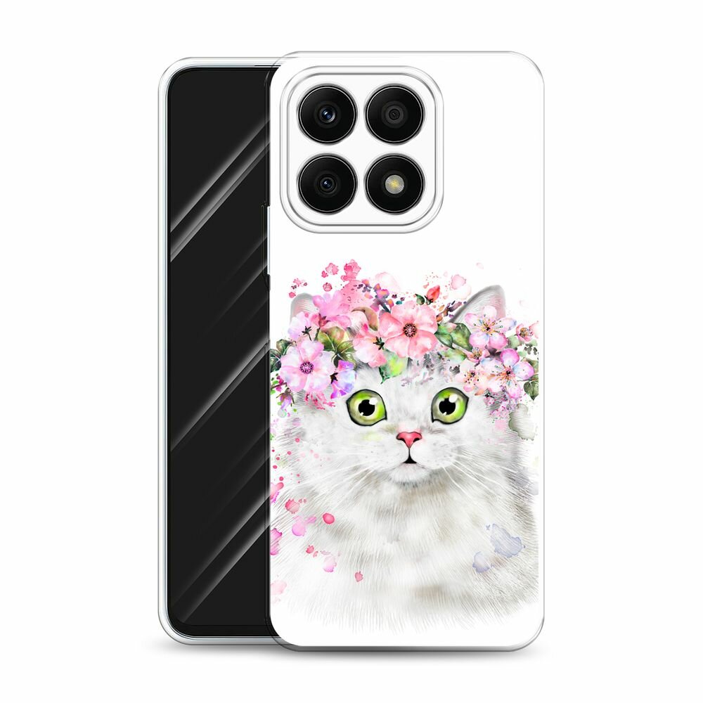 Чехол на Honor X8A / Хонор X8A с принтом Белая кошка с цветами — фото 1