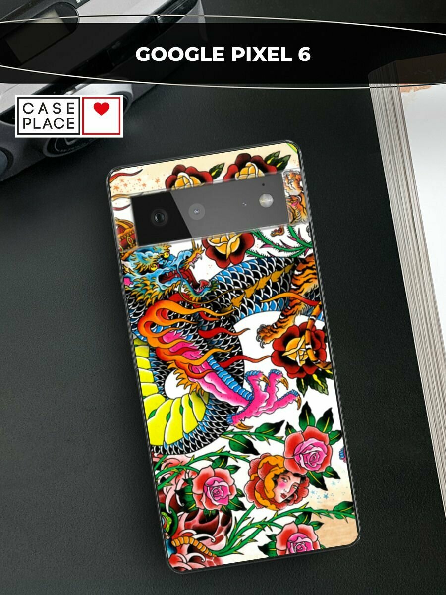 Чехол на Google Pixel 6 / Гугл Пиксель 6 с принтом "Дракон в цветах"