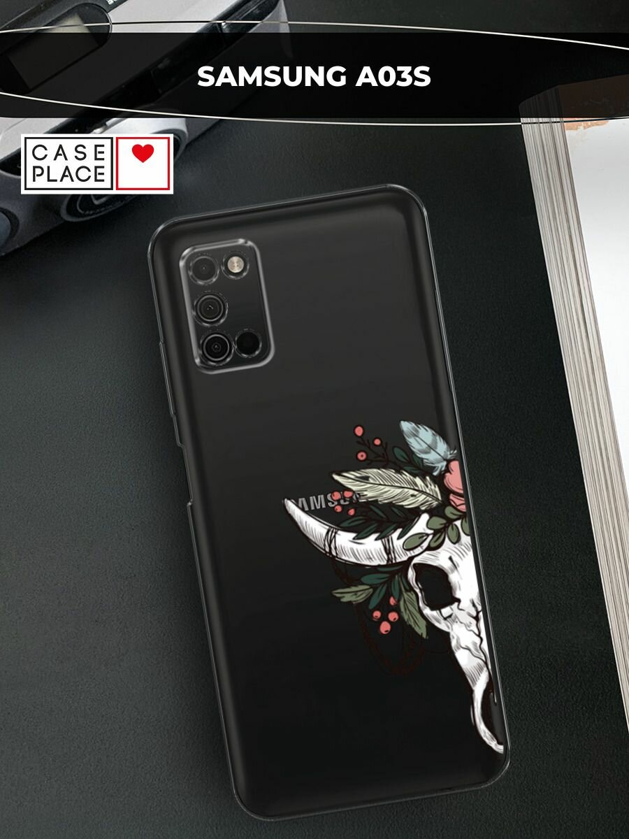 Чехол на Samsung Galaxy A03S / Самсунг Галакси A03S с принтом "Череп быка с цветами", прозрачный