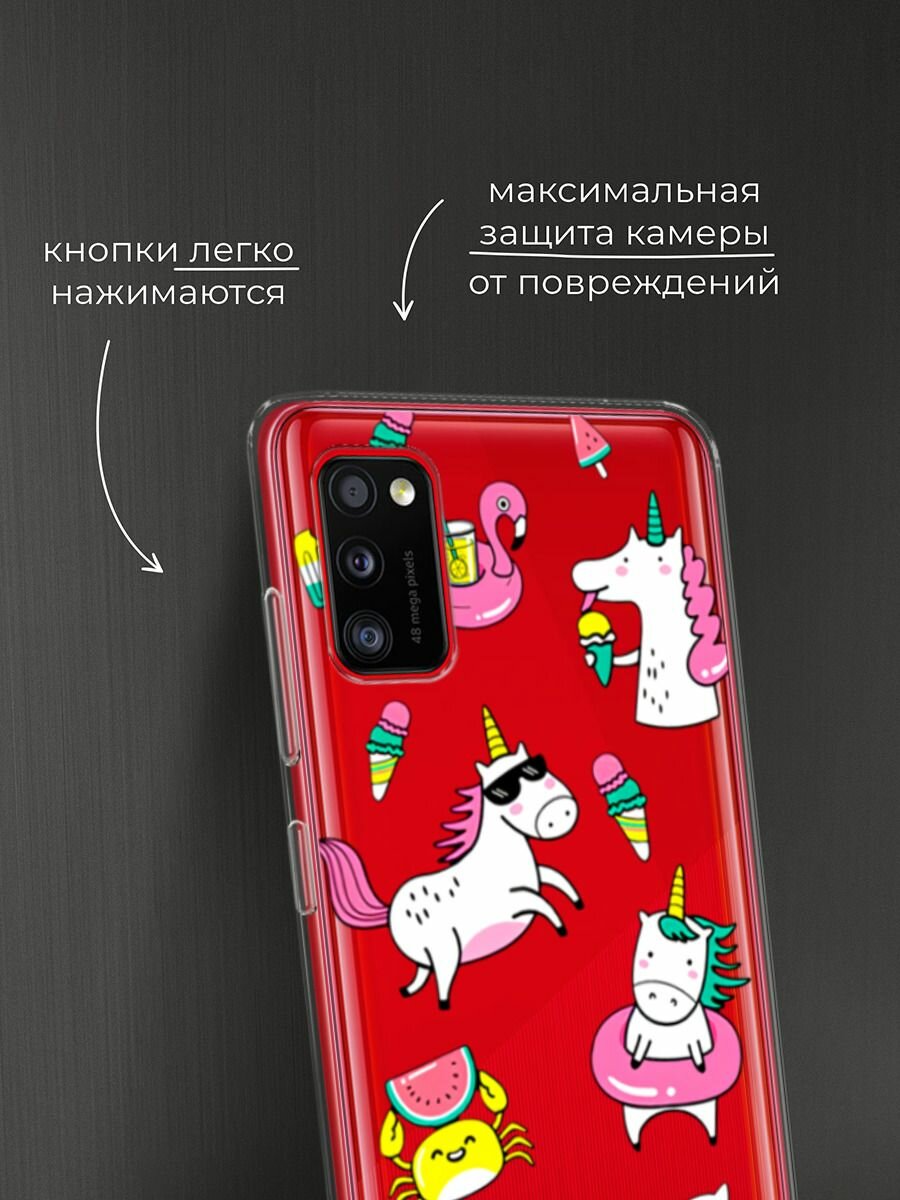 Чехол на Samsung Galaxy A41 / Самсунг Галакси А41 с принтом "Единороги в отпуске", прозрачный — фото 1