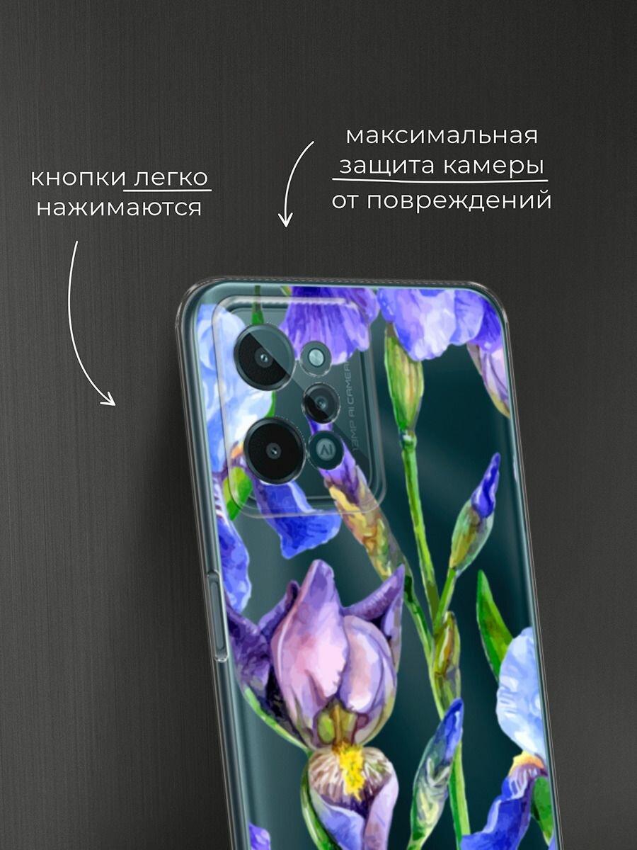 Чехол на Realme C31 / Реалми C31 с принтом "Синие ирисы", прозрачный — фото 1