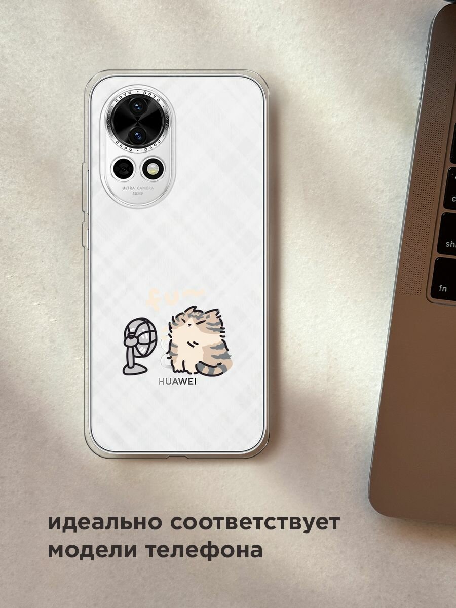 Чехол на Huawei Nova 12/Nova13 / Хуавей Нова 12/Нова 13 с принтом "Котик с вентилятором", прозрачный — фото 1