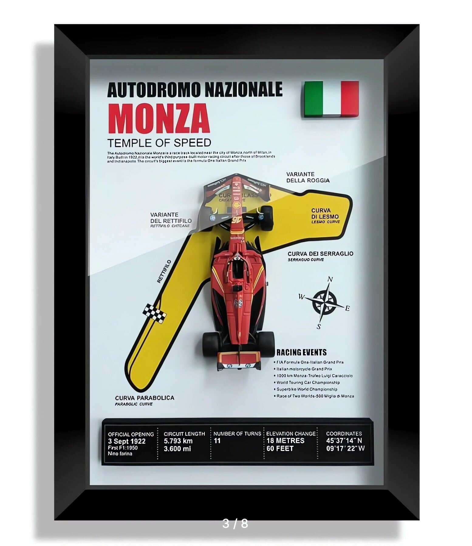 Коллекционная модель болида Формулы-1 в подарочной деревянной рамке. Трасса "Монца" 2024 г. Ferrari/Шарль Леклер (SF-24)