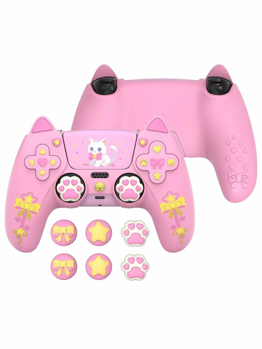 PlayVital силиконовый чехол Sweetheart Kitty для PS5, антискользящий с защитой стиков, розовый