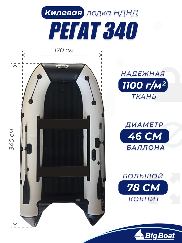 Надувная, под мотор, килевая лодка из ПВХ для рыбалки Regat (Регат) 340 НДНД