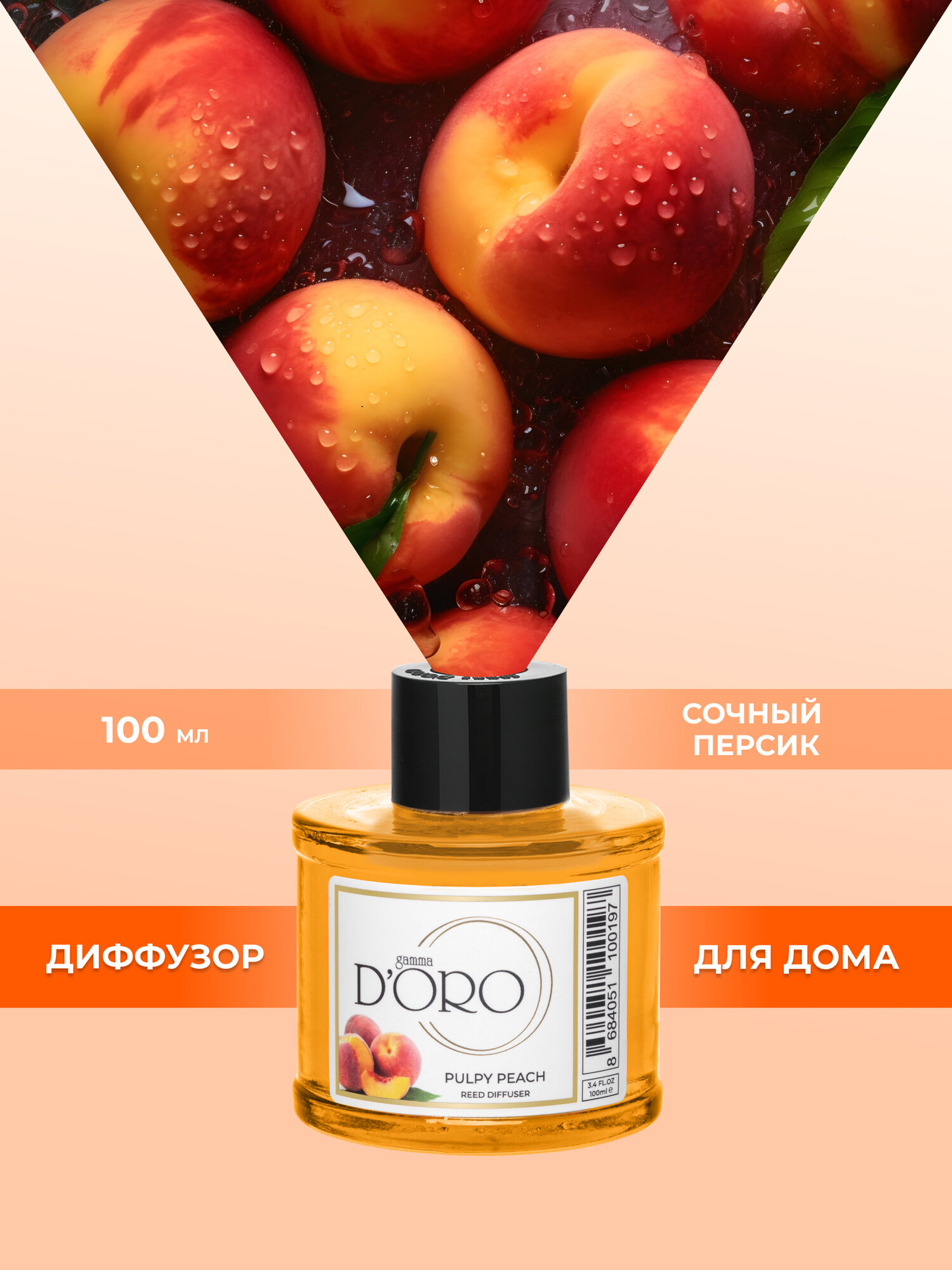 Ароматический диффузор для дома с палочками GAMMA D’ORO Сочный персик 100 мл