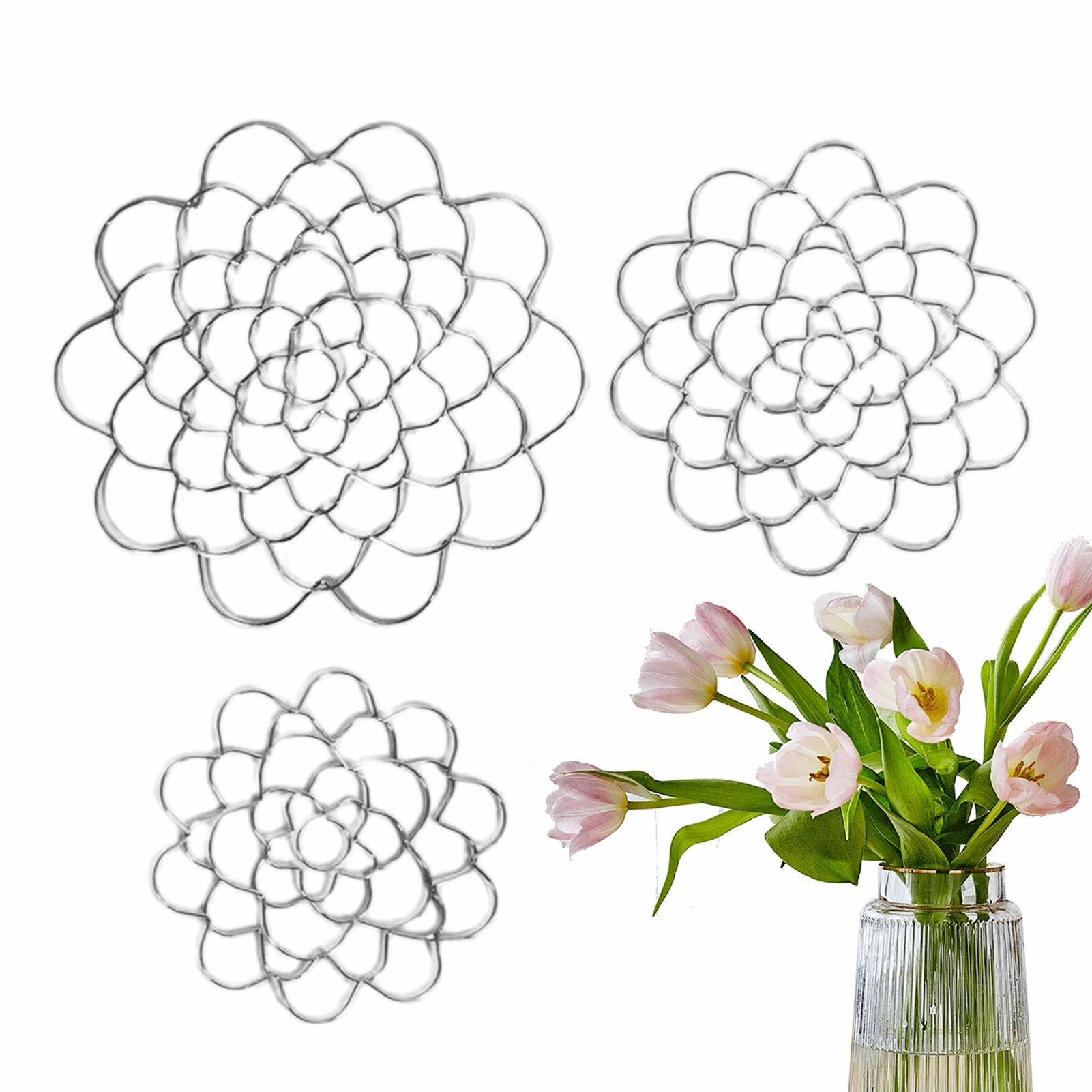 Цветочная сетка для вазы, многоразовая флористическая сетка-держатель цветов кензан для букетов и аранжировок, набор 3 шт диам. 10 см / 12,5 см / 15 см