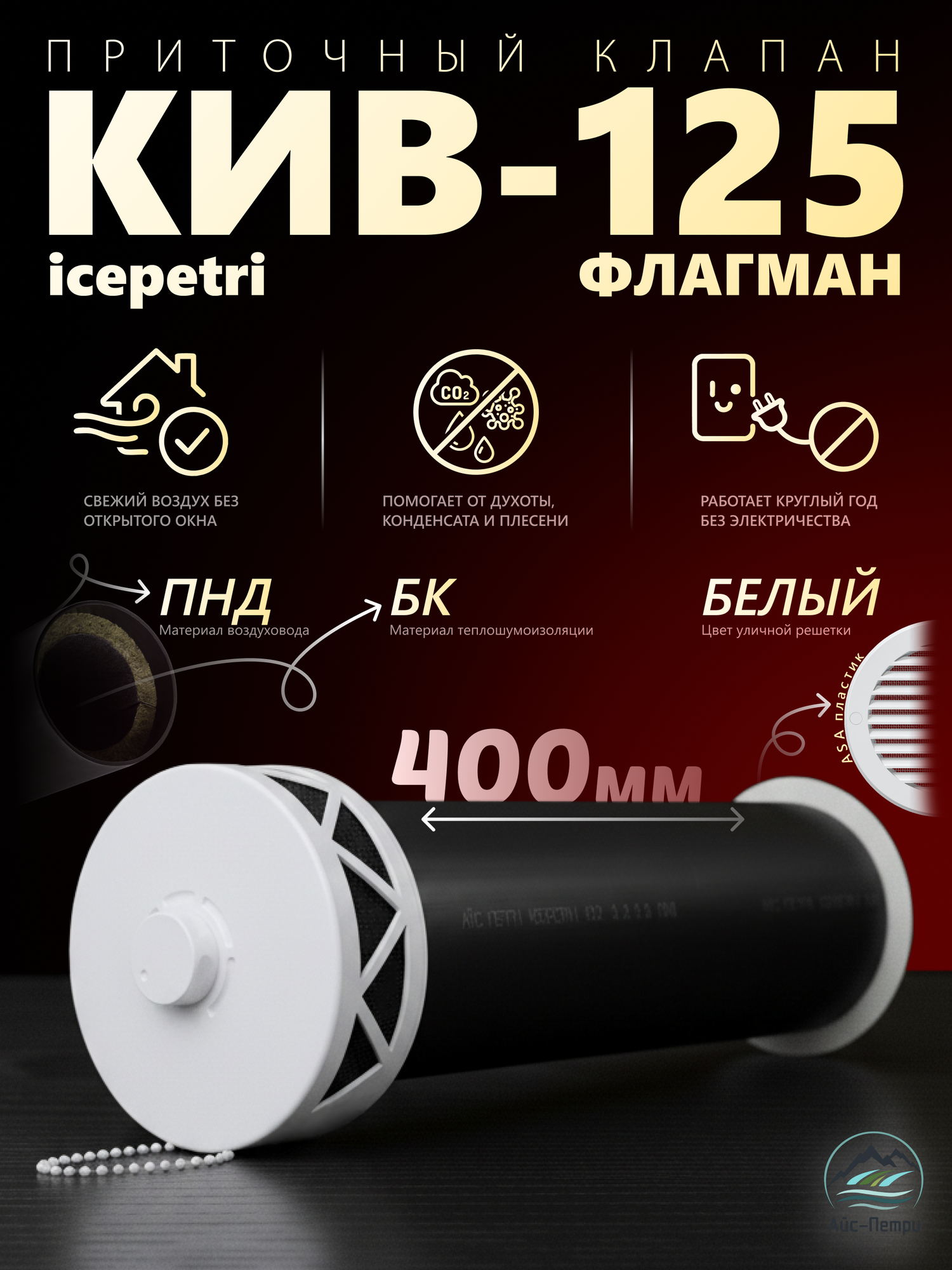 Приточный клапан КИВ-125 флагман 400 ПНД БК белый