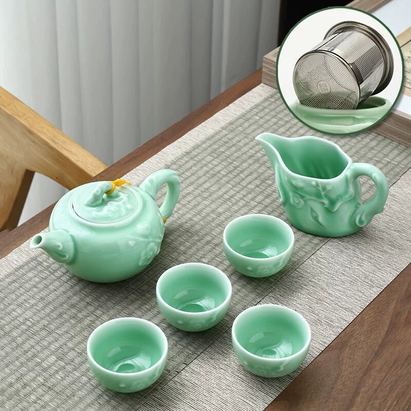 Керамический чайник с цветком сливы и нержавеющей стальной фильтрующей вставкой, один чайник, одна большая миска и