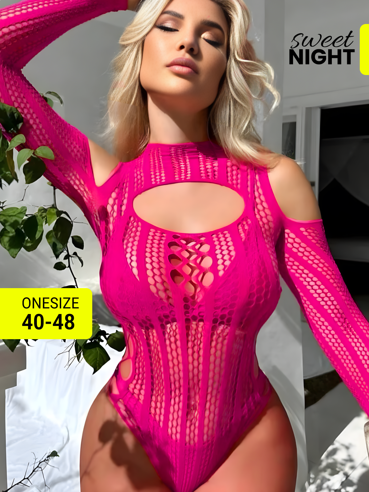Эротический ярко розовый боди в сетку, женский комбинезон для секса 18+