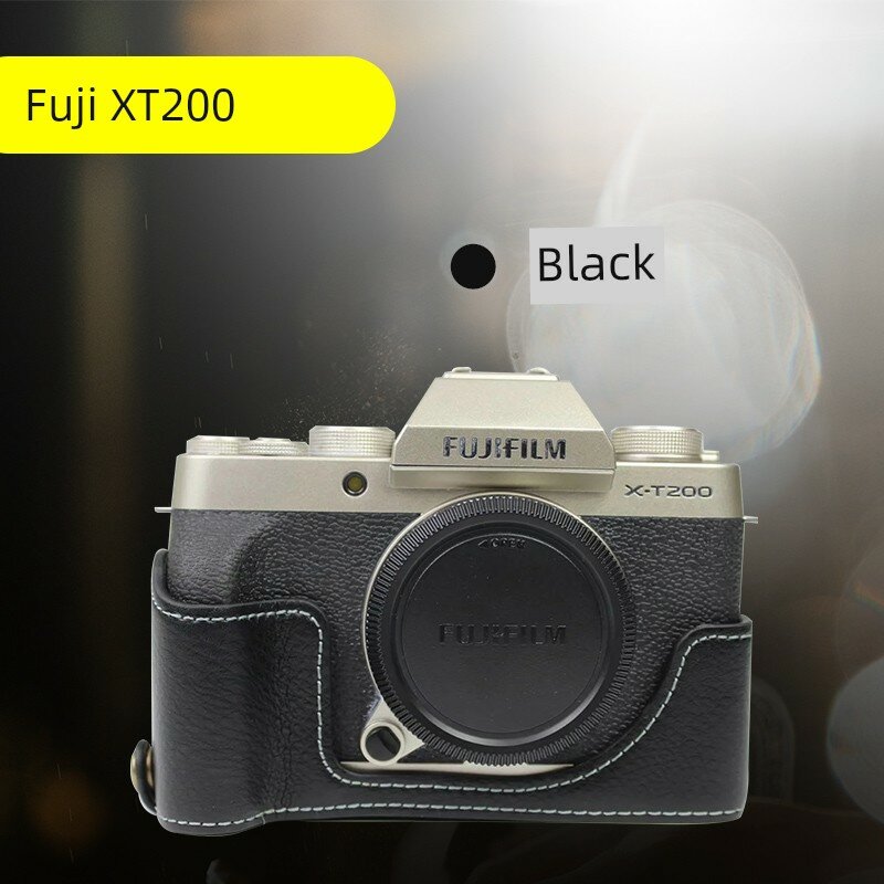 Чехол для камеры Fuji XT200 из натуральной кожи в черном цвете с защитным стеклом