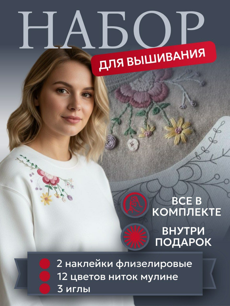 Набор для вышивки гладью на одежде с рисунками, нитками мулине и иглами. Идеальный подарок рукодельнице, маме, подруге или жене!