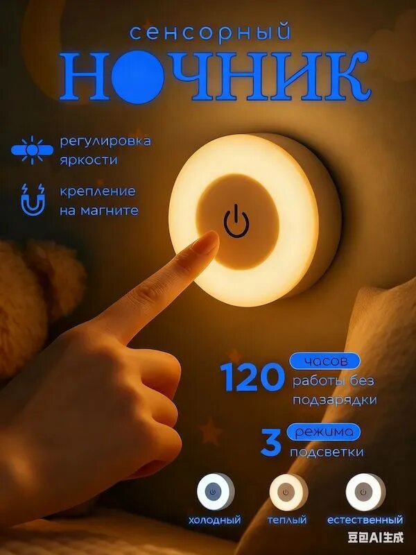 Ночник светильник детский светодиодный беспроводной настенный аккумуляторный, лампа для чтения с регулировкой яркости, 3 режима подсветки