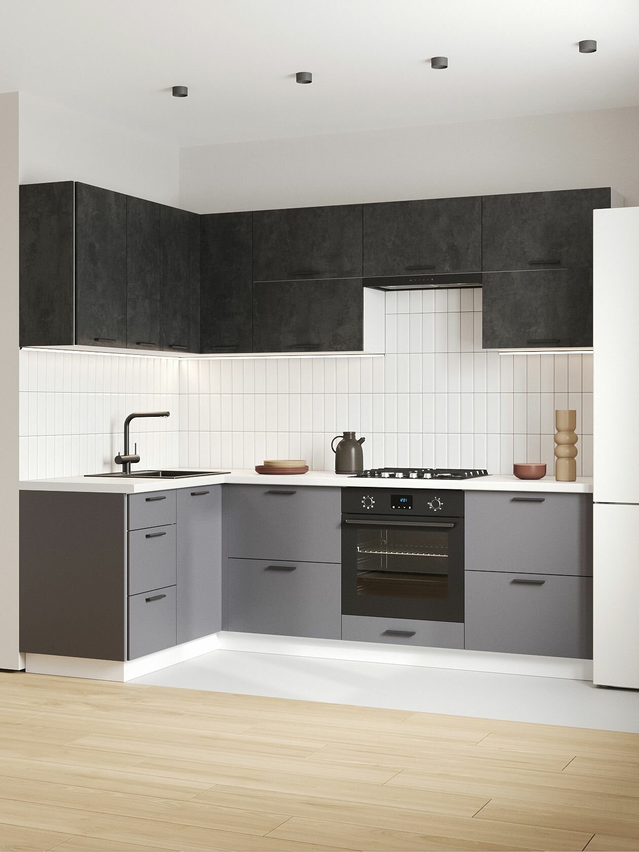 Кухонный гарнитур угловой Урбан 2.4х1.4 м, мебель для дома и кухни, Белый / Цемент темный / Графит серый