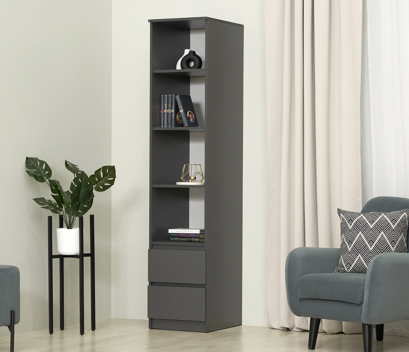 Пенал с открытыми полками графит 40 см (402х1900х514 мм) стеллаж с 2 ящиками