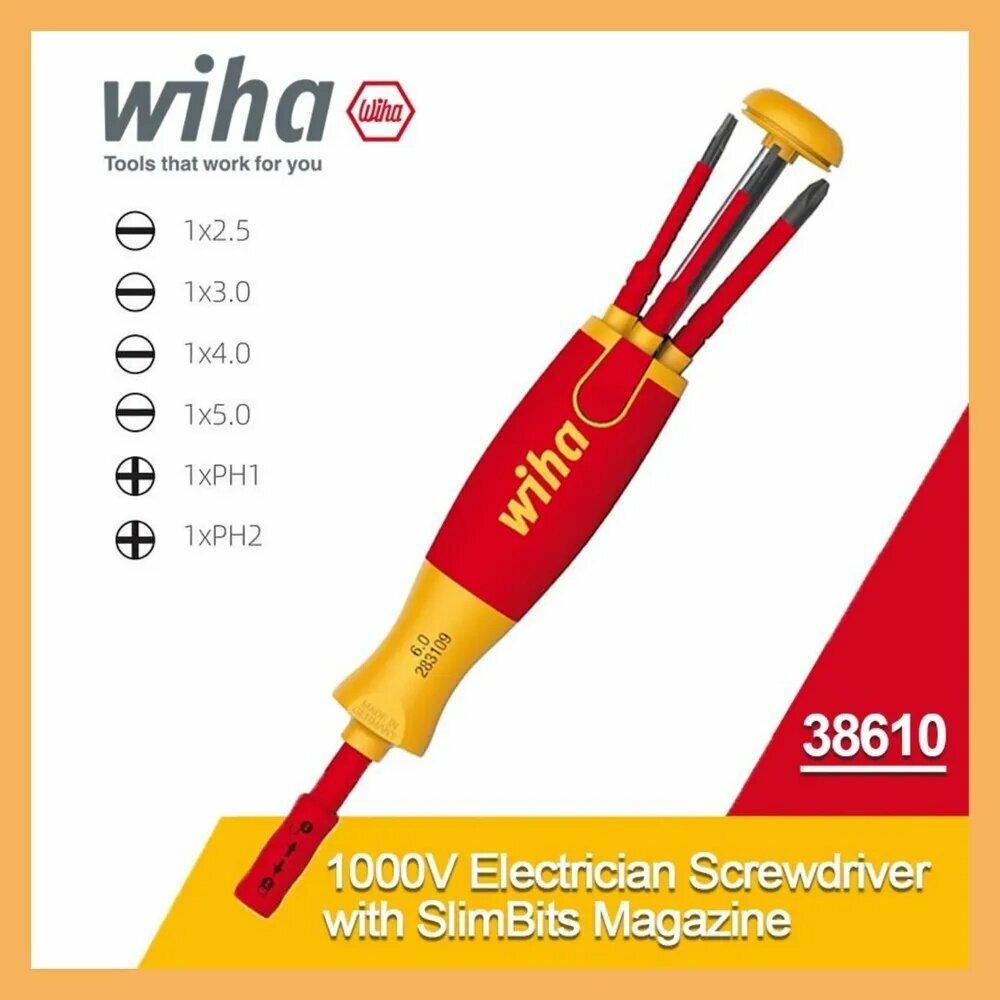 Wiha 38610 Отвертка с сменными насадками LiftUP Electric 1000В, электрическая отвертка с набором из 6 насадок.