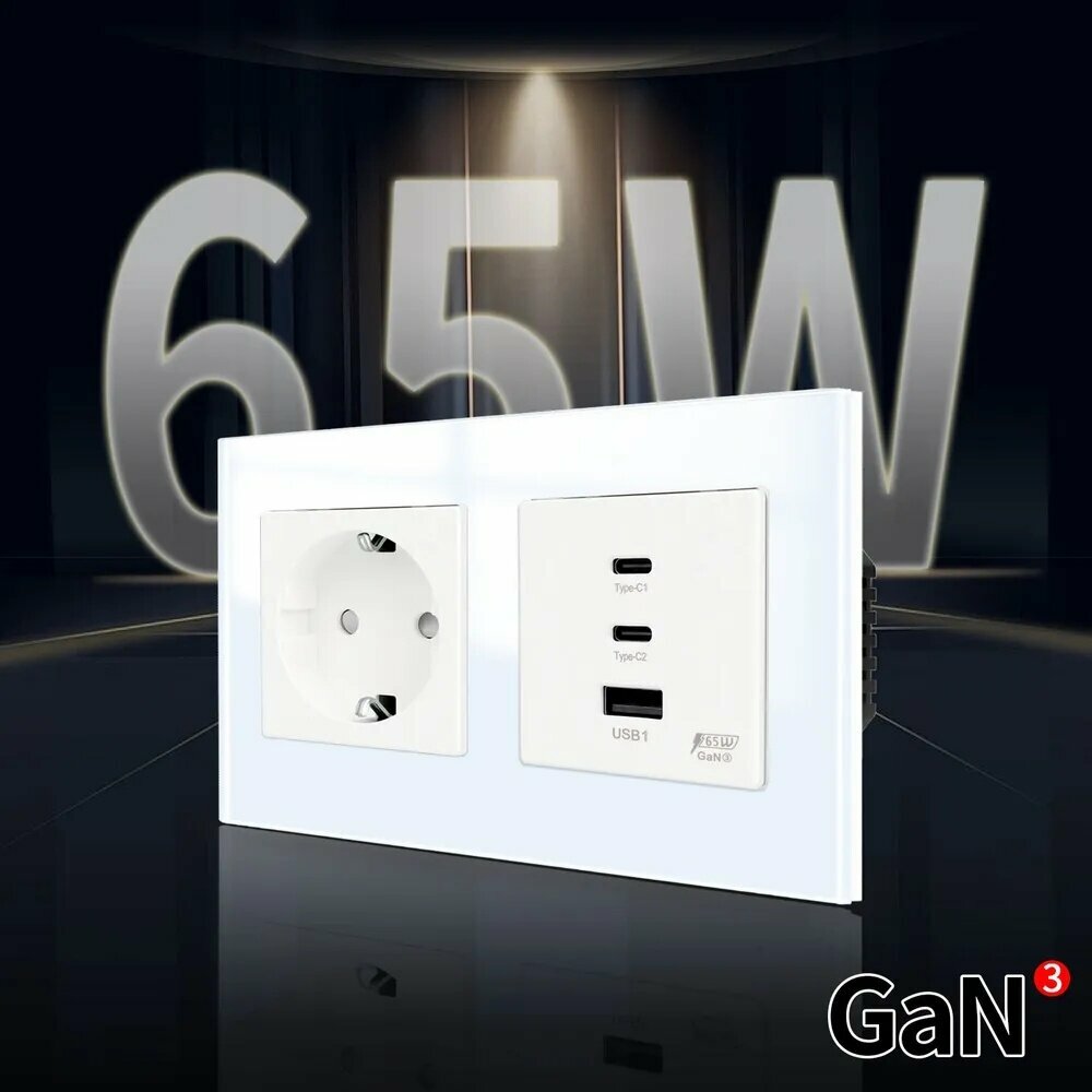 Розетка электрическая двойная с USB и type-C быстрая зарядка 65W и розеткой EU 220V, рамка закаленное стекло белый
