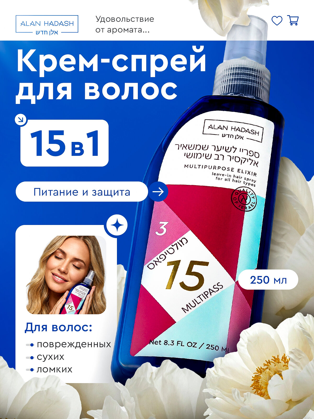 Спрей для волос для расчесывания 15 в 1 термозащита Alan Hadash, 250 мл