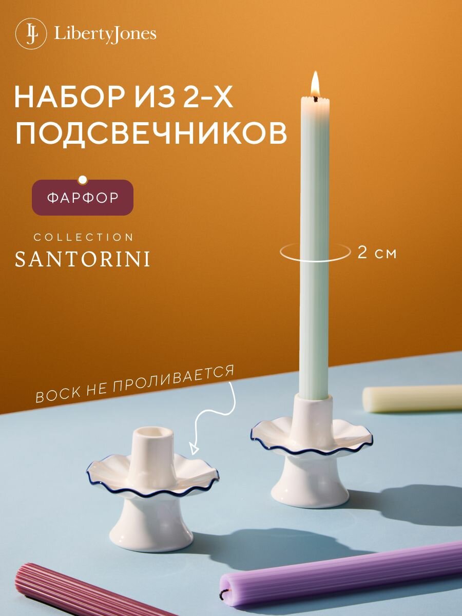 Подсвечник фарфоровый 8 см Santorini подставка настольная для свечей с каемочкой декоративный белый/синий, набор из 2 шт.