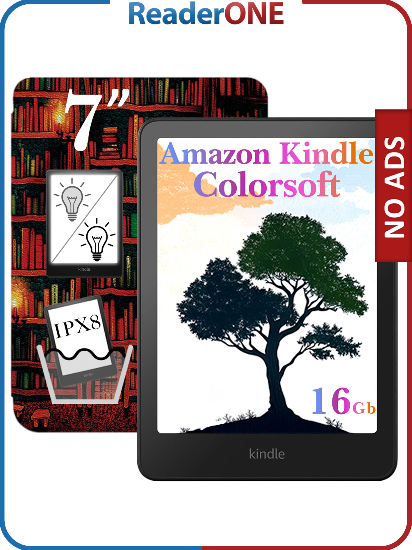 Электронная книга Amazon Kindle Colorsoft, 16Gb, 7 дюймов, E Ink Kaleido 3, черный с обложкой ReaderONE Library