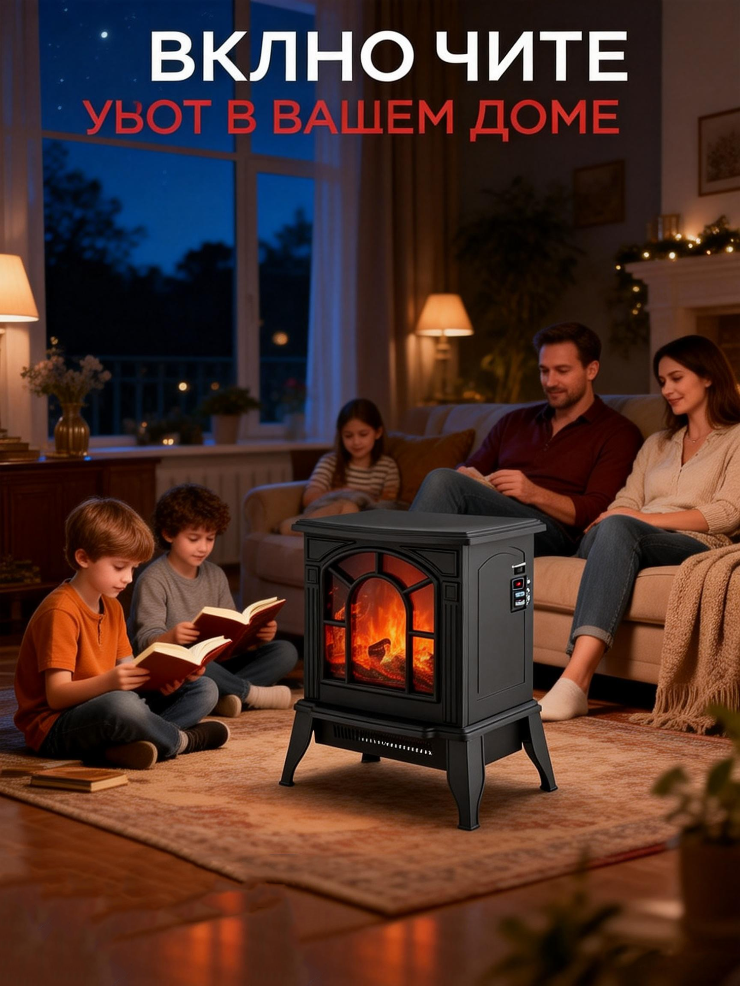 Камин электрический напольный, с обогревом и имитацией огня (Электрокамин)