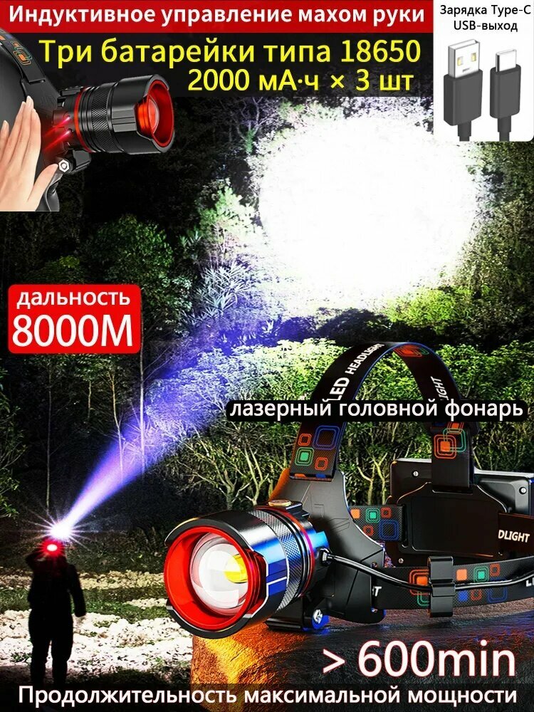 Рыбацкая налобная лампа, литиевый аккумулятор, сенсорный контроль, Power Bank