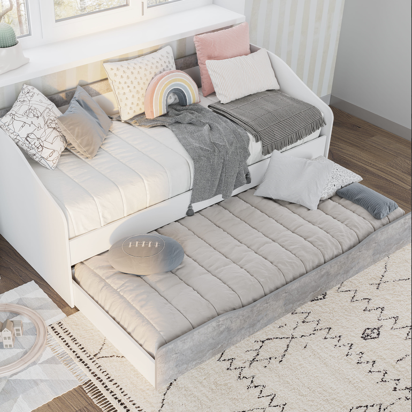 Детская кровать с ящиком , ЛДСП, 80x190 см (ШхВхГ: 1932х790х850) белый/цемент светлый