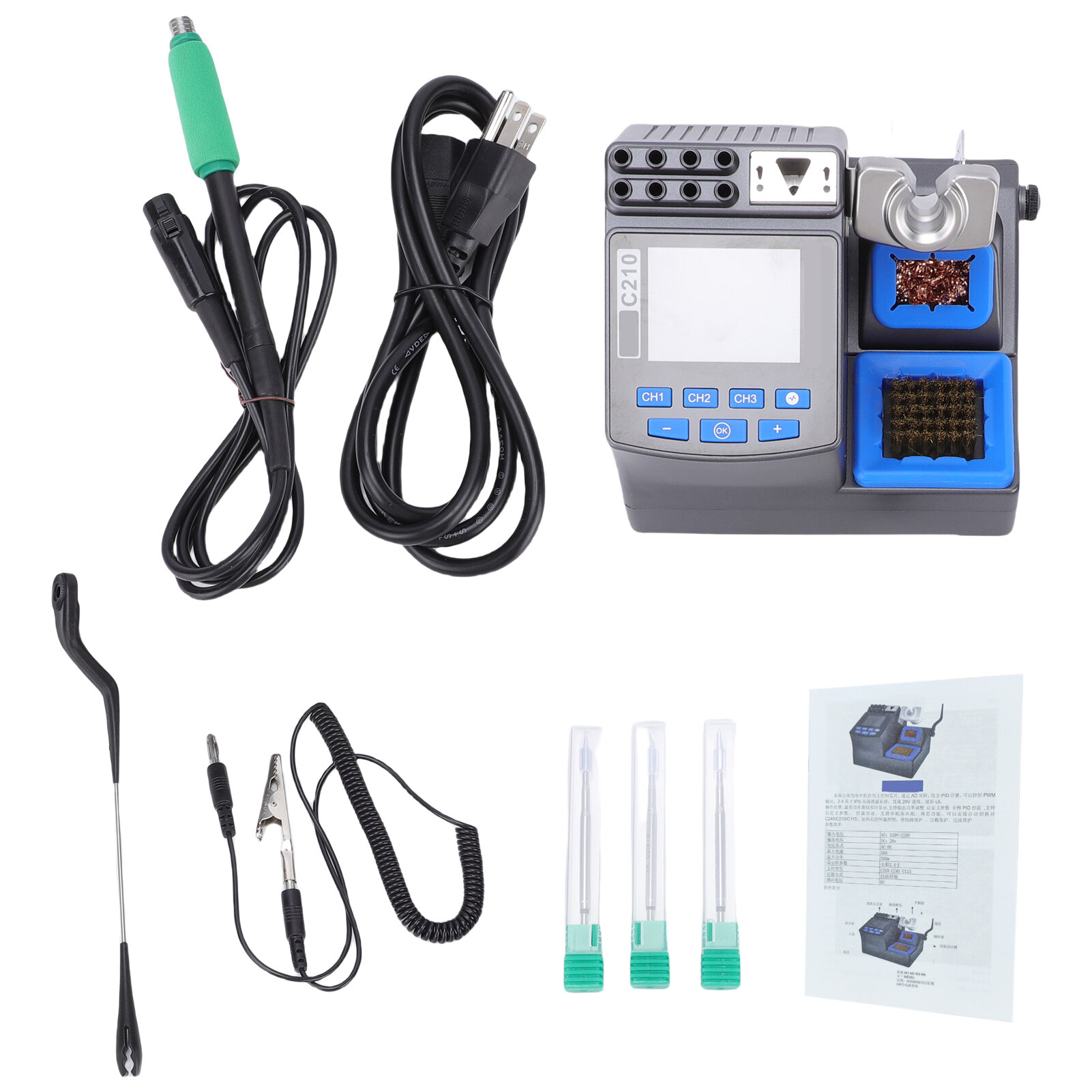 Паяльная станция в комплекте: портативный паяльник мощностью 200 Вт с цифровым дисплеем, диапазоном температур 60-480℃, 3 предустановленными каналами, спящим режимом и наконечниками.