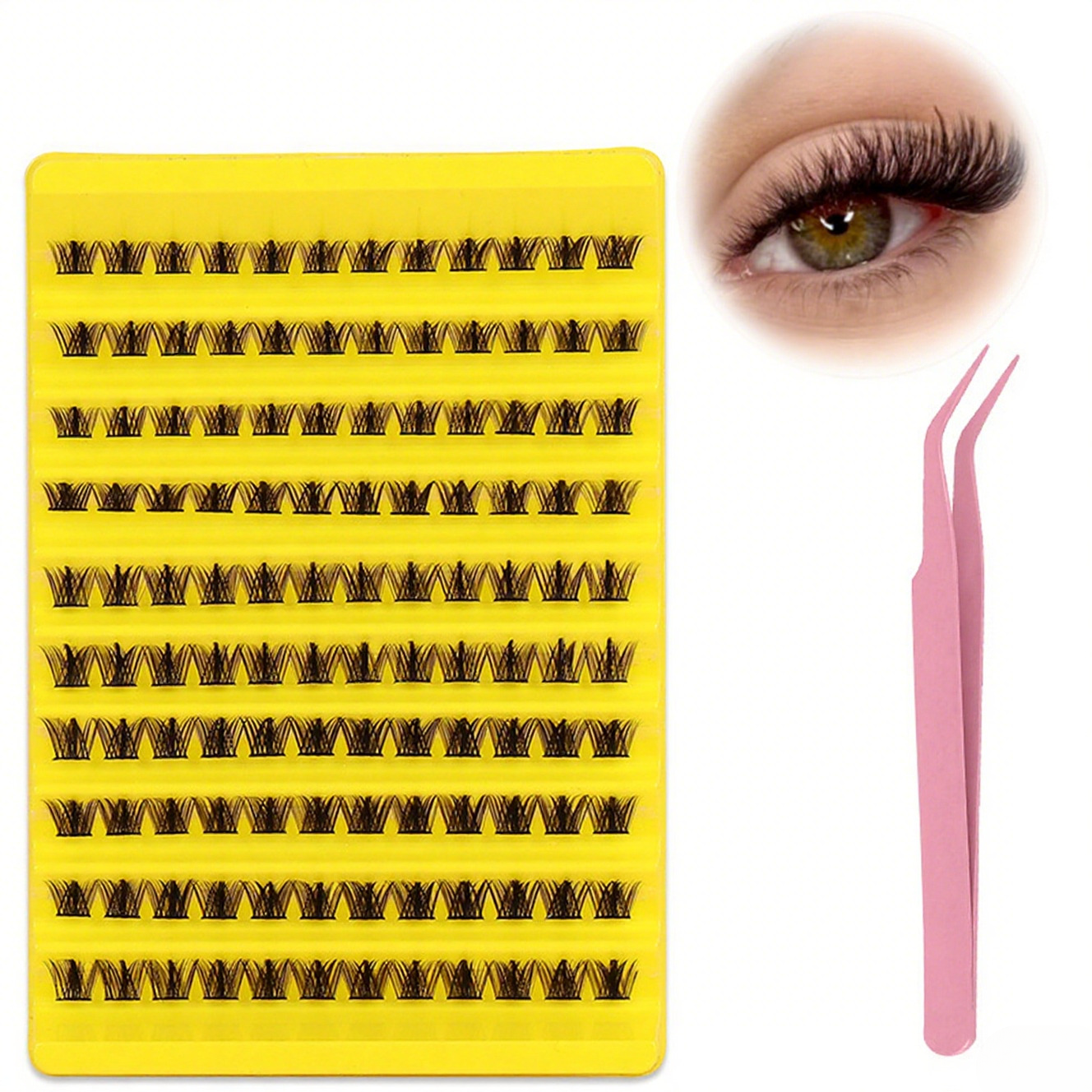 Набор сегментированных фальшивых ресниц Cluster Lash Kit Individual Fake Eyelashes D Curl с клеем и пинцетом, 120 или 160 кластеров, длины 8mm, 10mm, 12mm, 14mm, 16mm или 10mm, 11mm, 12mm, модель DD06-MIX01, DD06-MIX02, DD06-MIX03, DD06-MIX04, черный