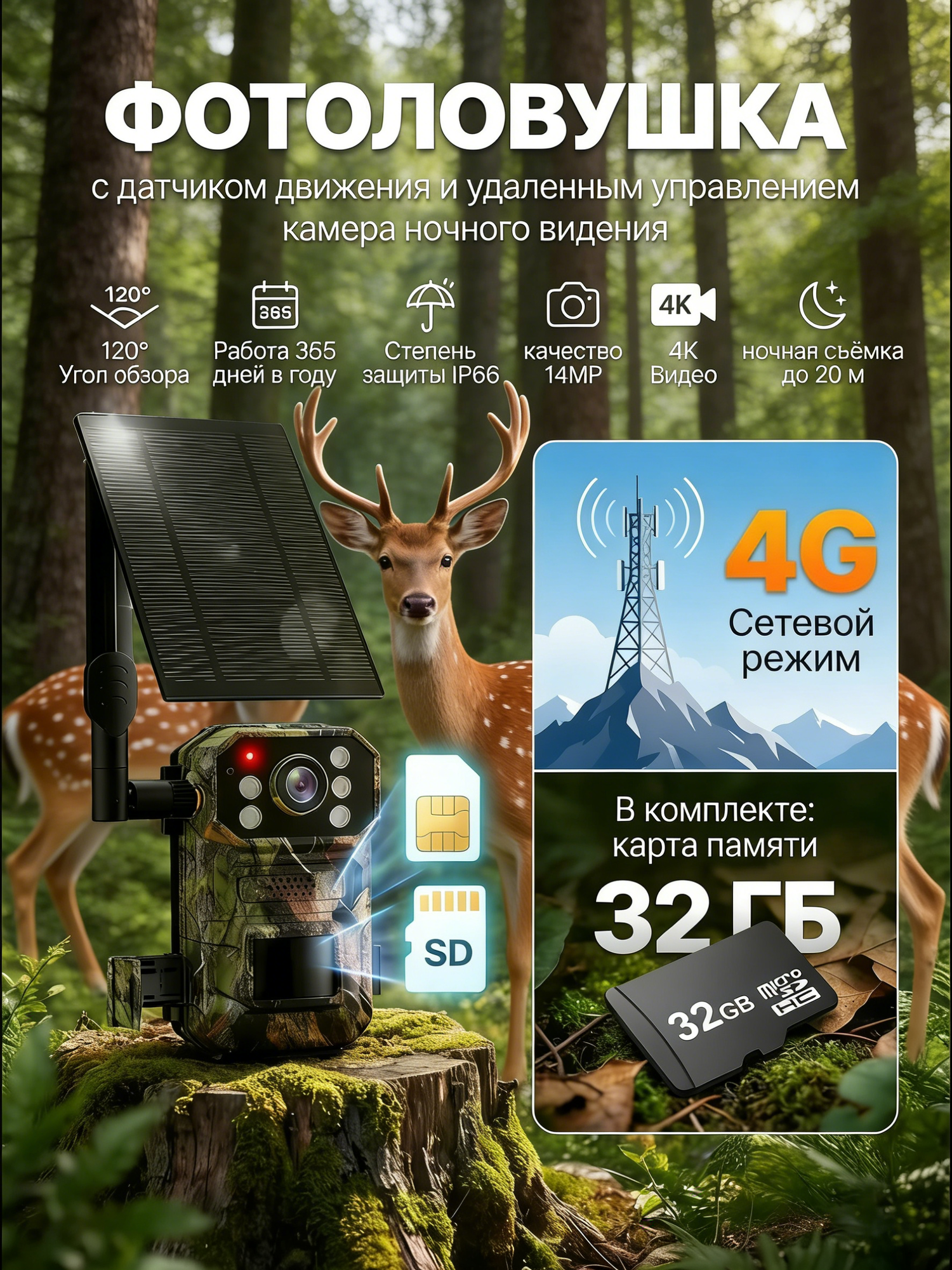 Фотоловушка, ночное видение, сим-карта, высокая четкость, водонепроницаемая, пылезащитная