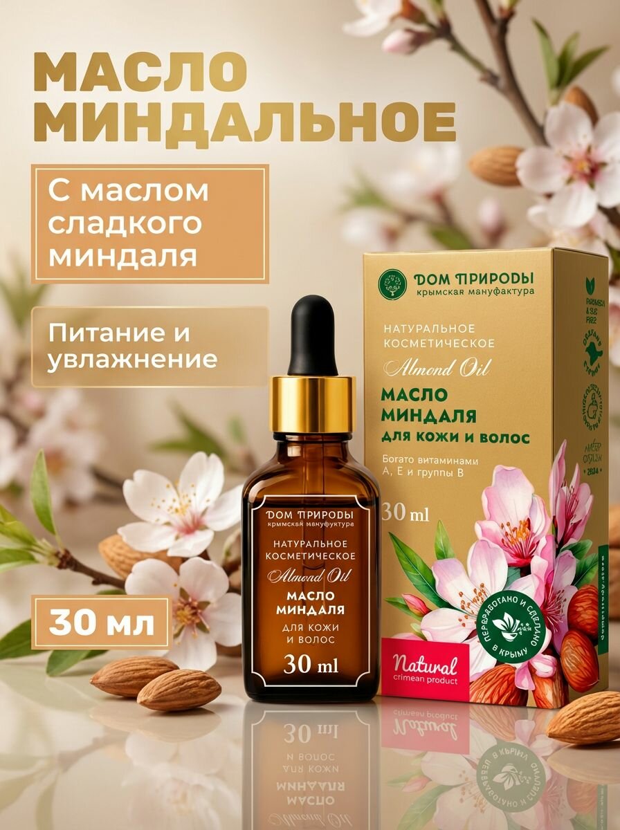 Масло косметическое миндальное натуральное для кожи и волос, холодного отжима, 30 мл