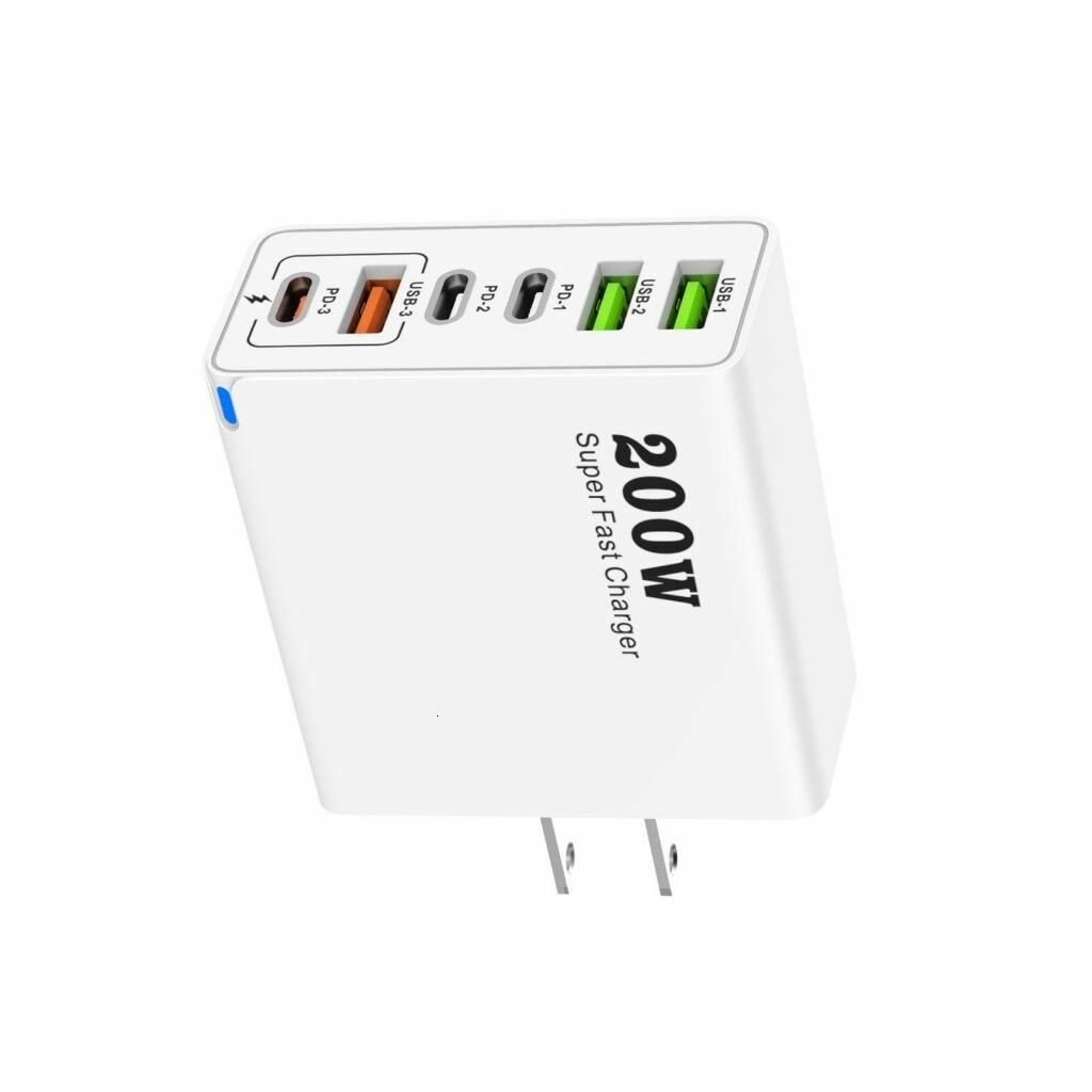 200W GaNs Быстрое зарядное устройство 3 USB Type C порт для эффективной зарядки нескольких устройств, Белый - US