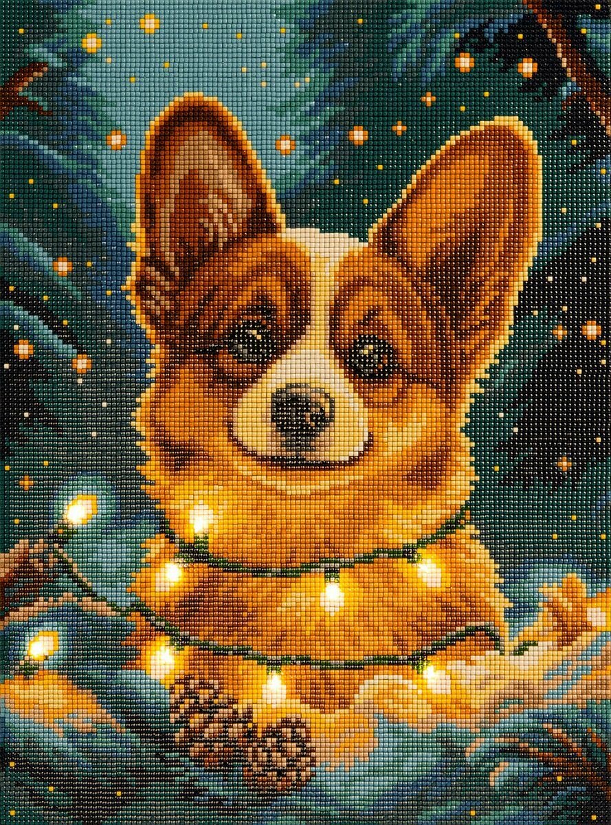 Алмазная мозаика Корги с гирляндой 30х40 см со светодиодами