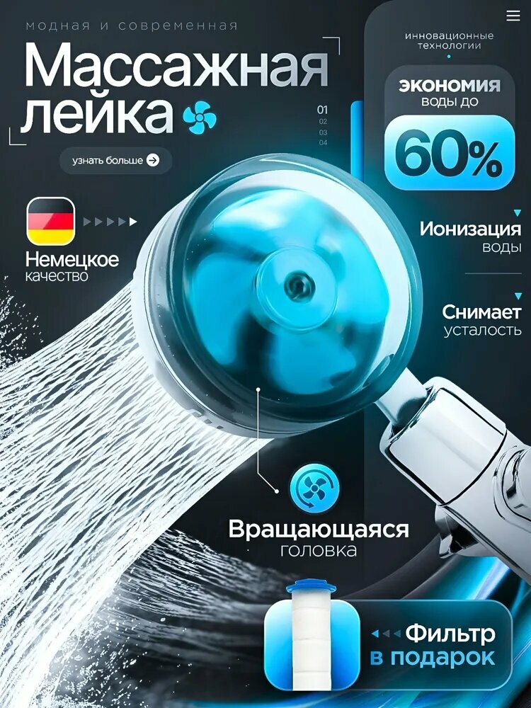 Лейка для душа с вентилятором и фильтром, Турбо лейка массажная, Водосберегающая