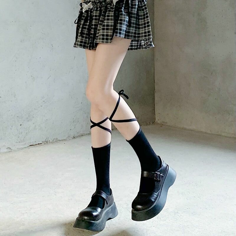 Кружевные носки с кольцом на ноге JK, милые и стильные носки для девочек, с перекрестными ремешками, универсальные носки до середины икры в студенческом стиле
