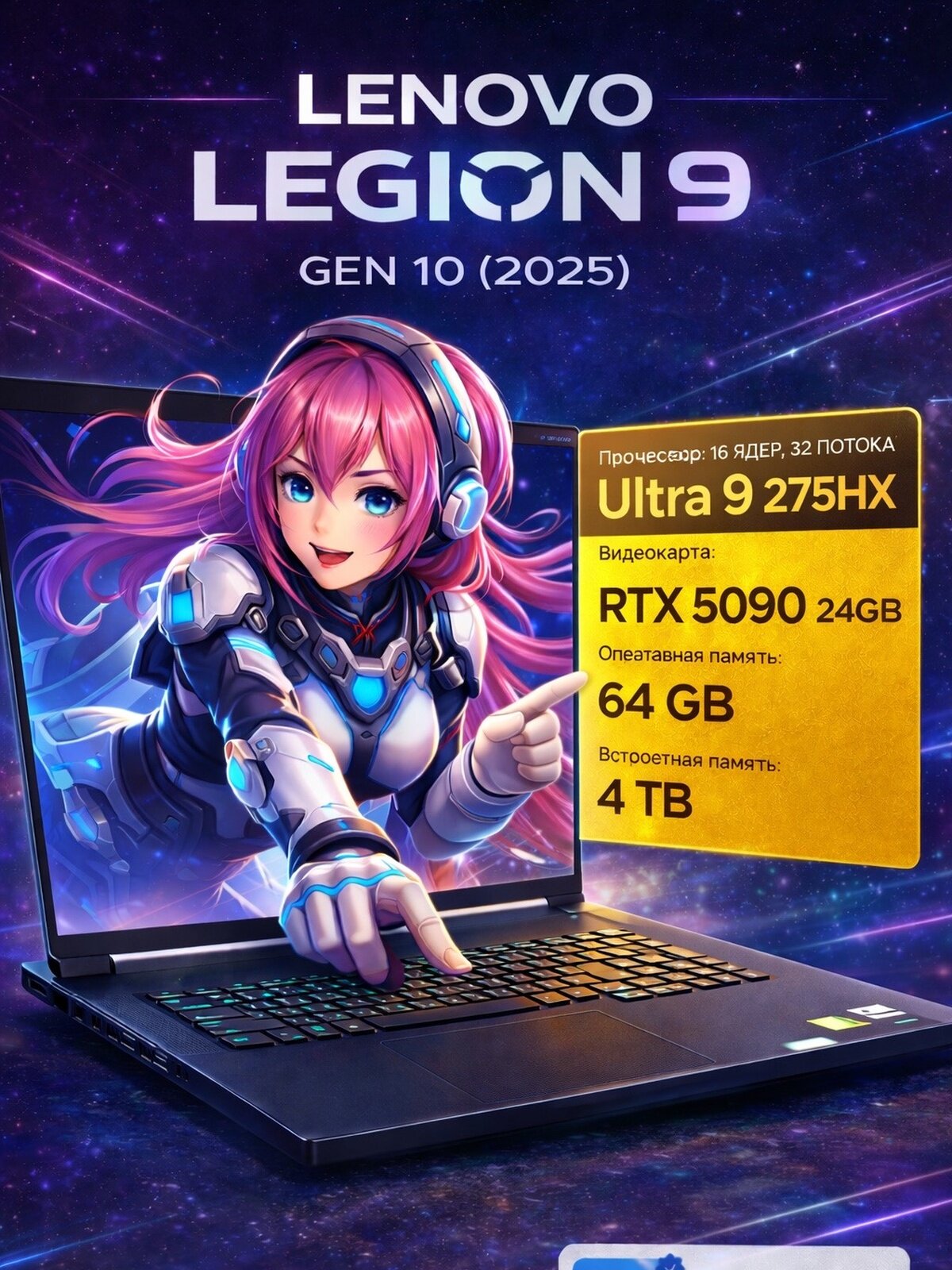 18" Игровой ноутбук Lenovo Legion 9 Gen 10 2025, 4K (3840x2400) 240Hz / 440Hz, Intel Core Ultra 9 275HX (24 ядра, 5.4 ГГц), RAM 64 ГБ DDR5, SSD 4 TБ, NVIDIA GeForce RTX 5090 (24 ГБ, TGP 175W), Без ОС, Русская раскладка, ЕАС