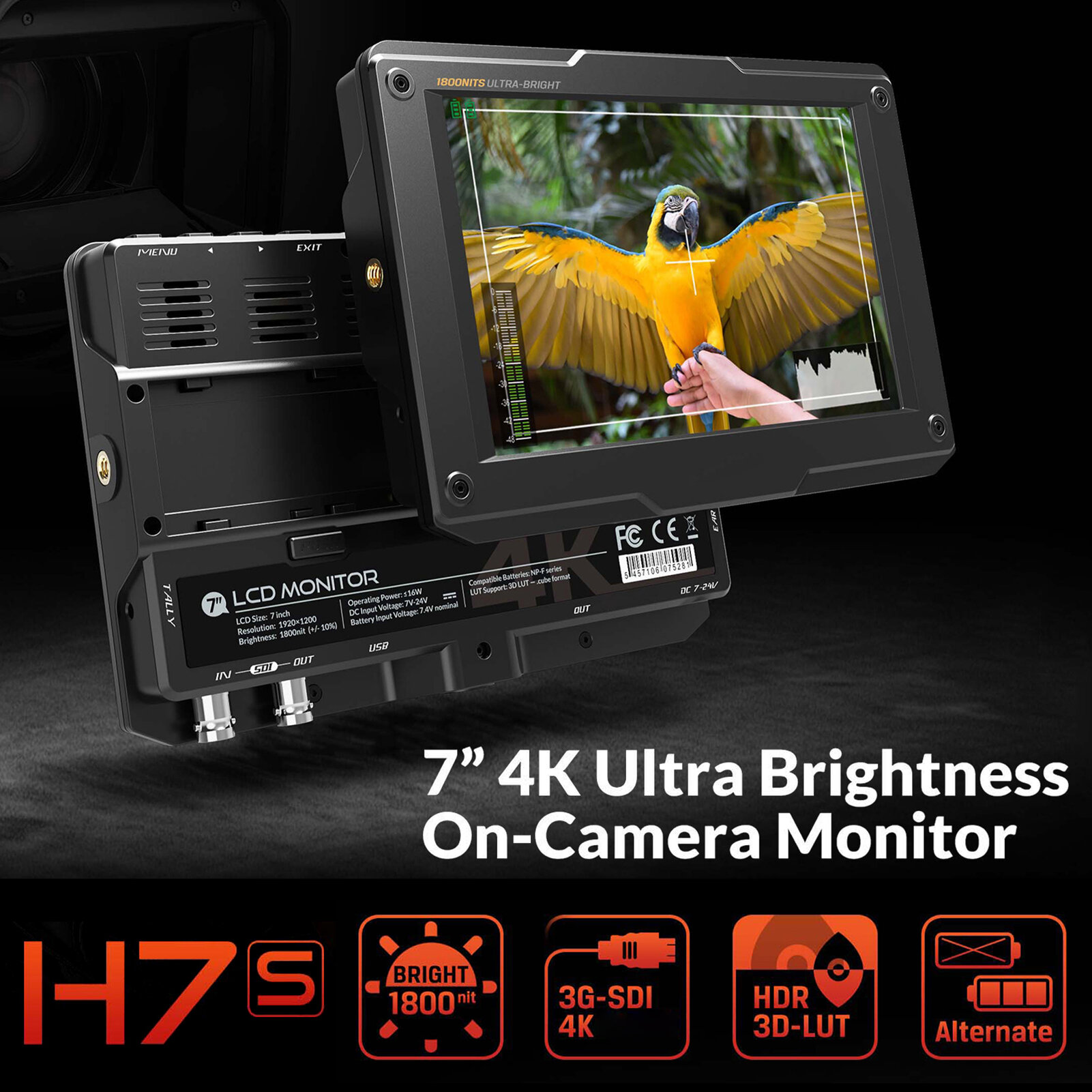 Lilliput H7S 7-дюймовый 4K Ultra Ultra Brighty на камере с полным разрешением HD 1800NIT Sunlight Viewable 4K-HDMI 3G-SDI Входной вывод Поддержка HDR 3D-тренировки для фотографирования для создания Movi