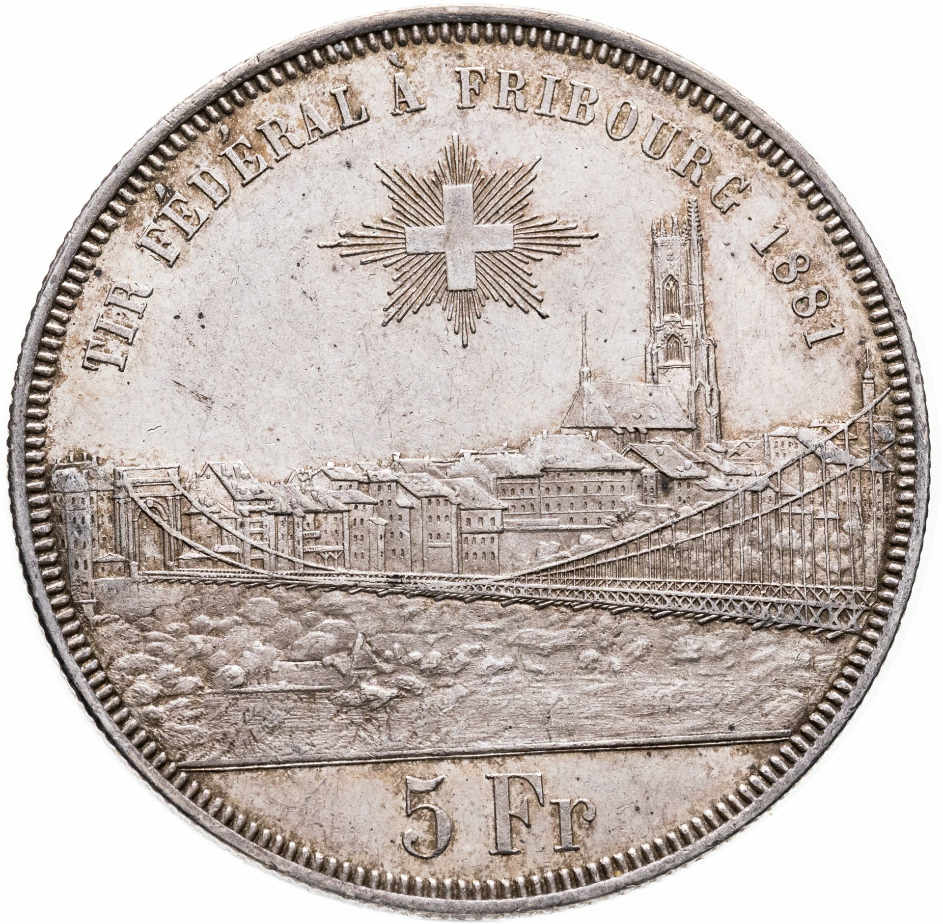 Швейцария 5 франков 1881 "Стрелковый фестиваль во Фрибуре", Серебро 835, в сохранности XF-AU