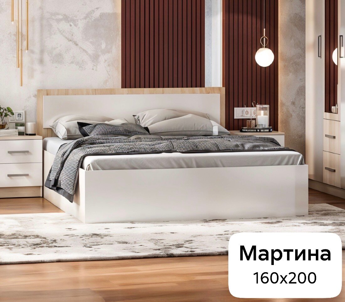 Кровать двухспальная 160х200 см, Мартина, 163.5х203.7х80 см, ЛДСП, МИФ, Дуб Сонома / Белый глянец