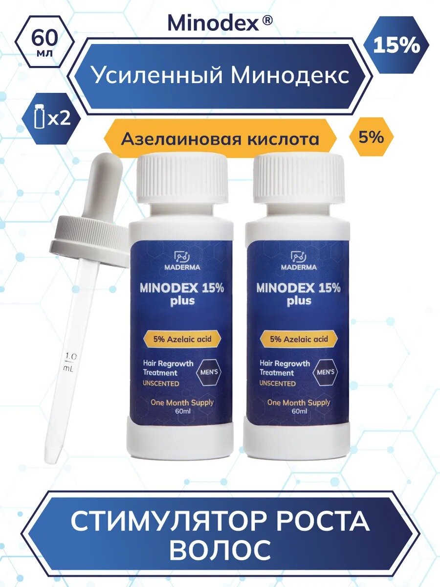 Усиленный Minodex 15% с азелаиновой кислотой, сыворотка активатор для роста волос и бороды, 2х60 мл