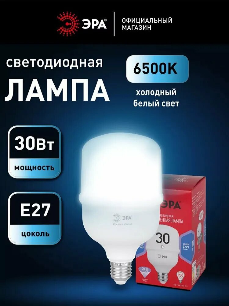 Лампочка светодиодная промышленная ЭРА LED E27 30 Вт T80 колокол 6500К холодный белый свет, 1 шт