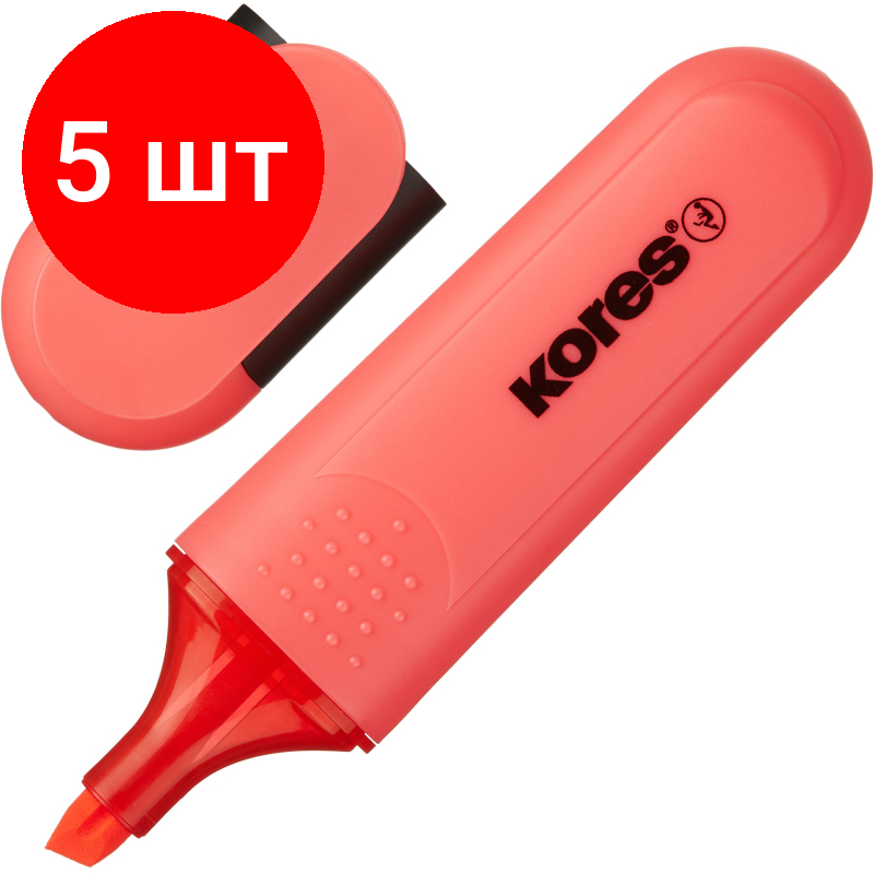 Комплект 5 штук, Маркер текстовыделитель Kores BRIGHT LINER PLUS, скош након, 0.5-5 мм, красн