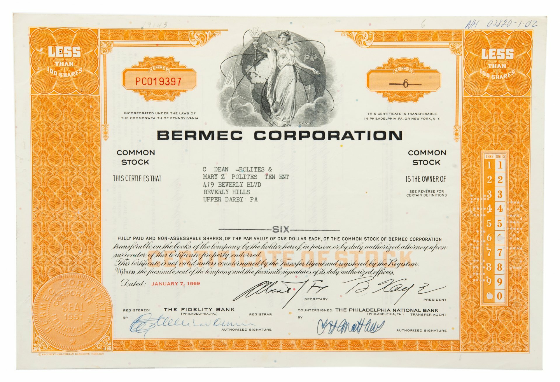 Акция США BERMEC CORPORATION, 1969 г