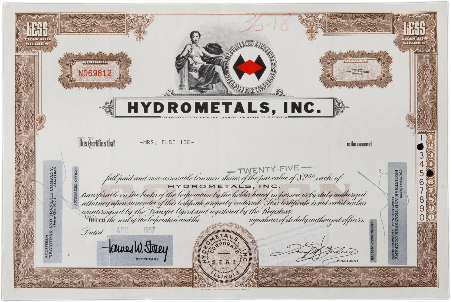 Акция США HYDROMETALS, INC 1964-1968 гг