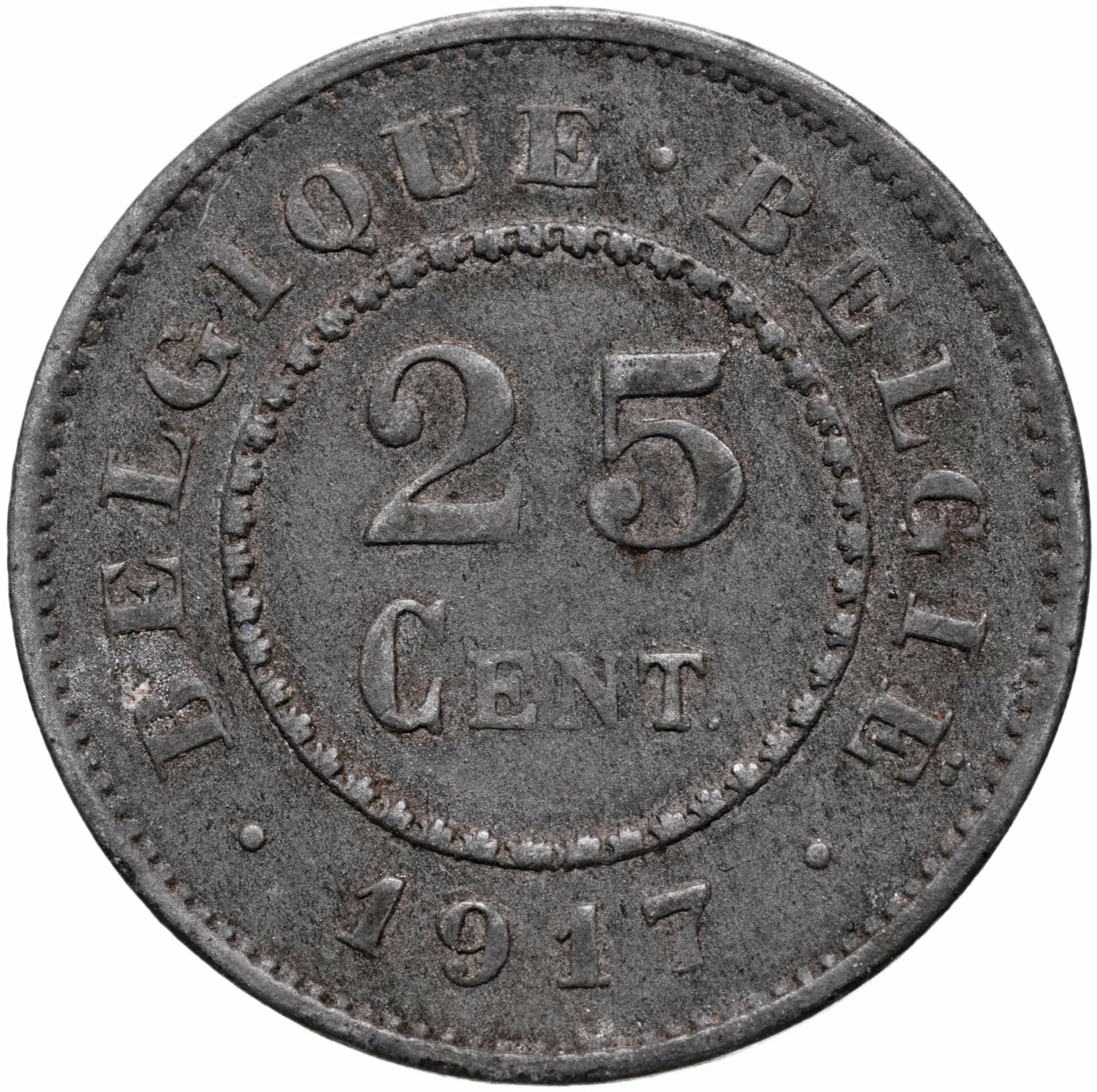 Бельгия 25 сантимов centimes 1917, Цинк, в сохранности VF