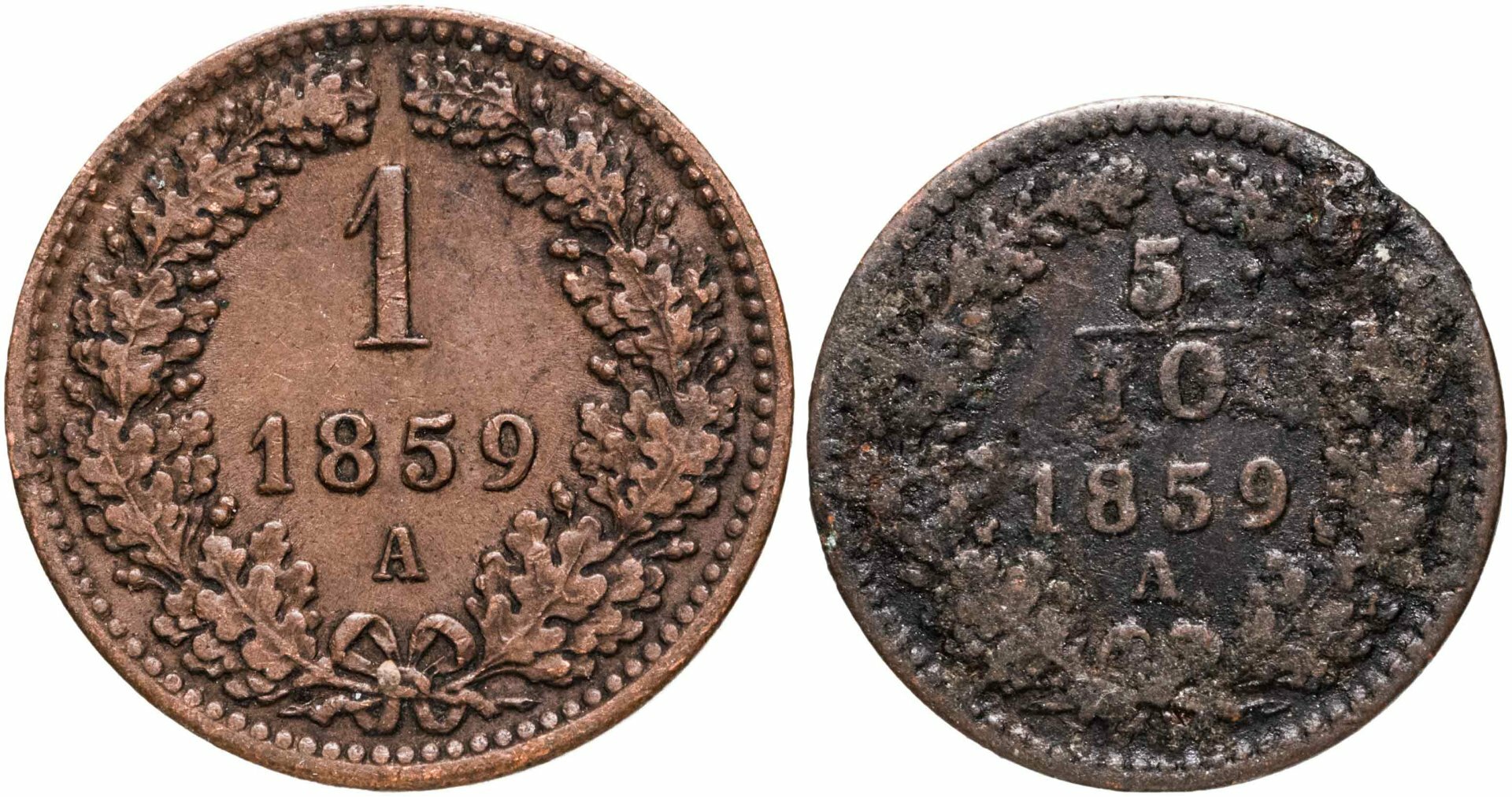 Австрия набор 5/10 и 1 крейцер 1859, Двор "А", Медь, в сохранности F-VF