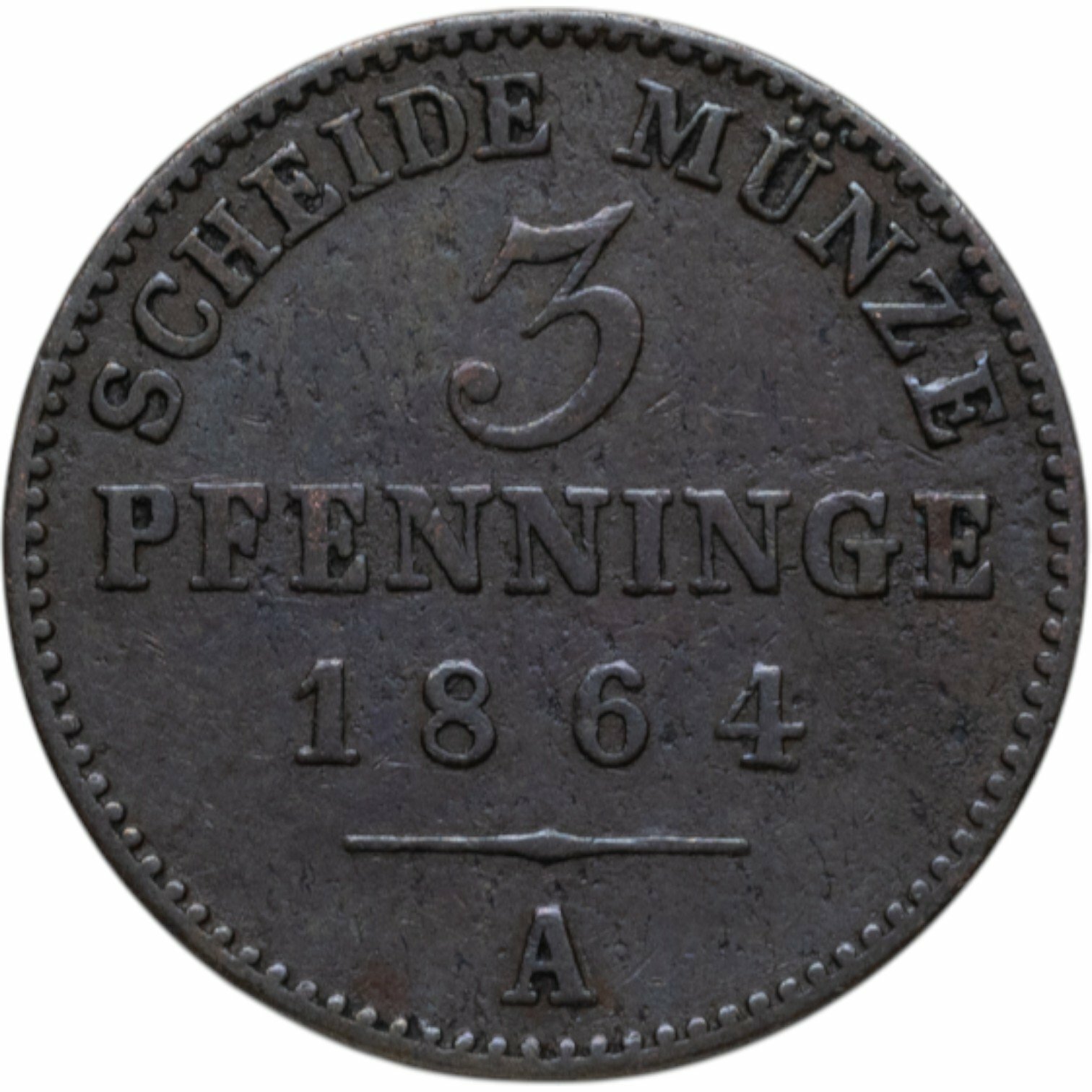 Пруссия 3 пфеннига 1864 A, Медь, в сохранности VF-XF